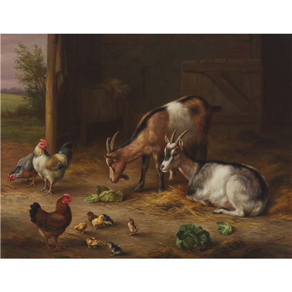 Edgar Hunt | BARN INTERIOR WITH GOATS AND CHICKENS, 1927 | MutualArt