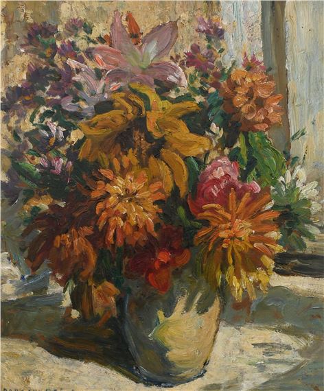 Dorothea Sharp | Still life with flowers in a vase by a window | MutualArt