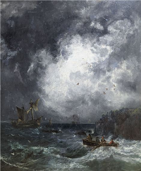 Sam Bough | Stormy coastal landscape with rowing boat setting out to a ...