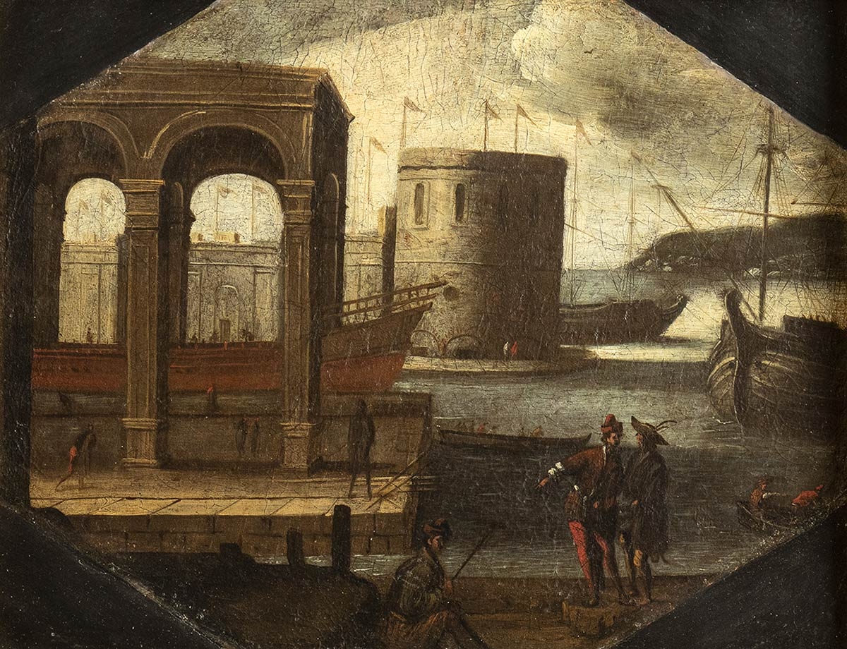Agostino Tassi | Coastal scene with buildings, boats and figures ...
