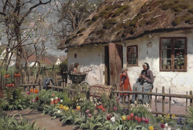 Peder Mork Monsted | A spring day outside a thatched farmhouse with an elderly woman knitting ...
