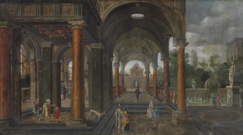 Flemish School 17th Century | A perspective fantasy of a palace with ...