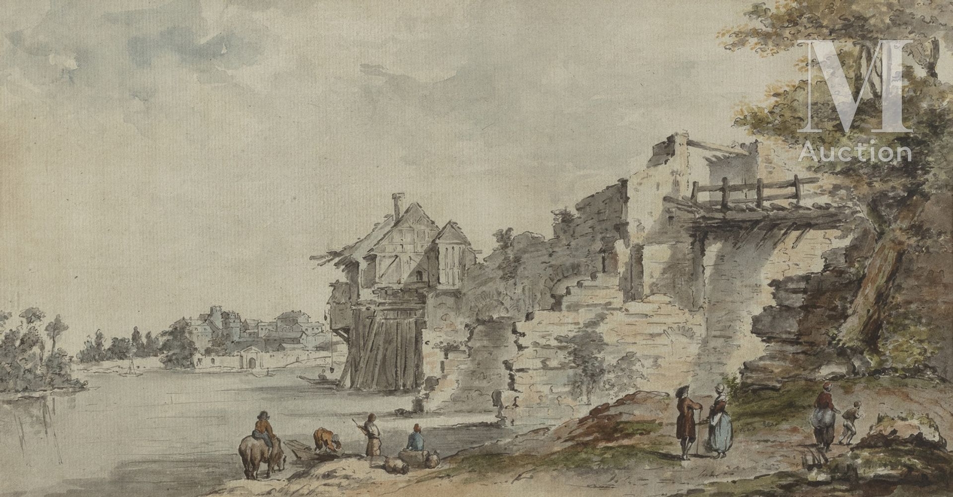 Alexis Nicolas Perignon I | Vue animée d’un village en bord de rivière ...