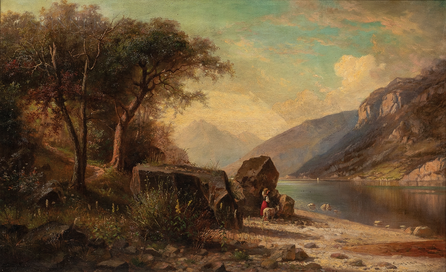 Edward L. Custer | Young Shepherdess by a River in a Mountainous ...