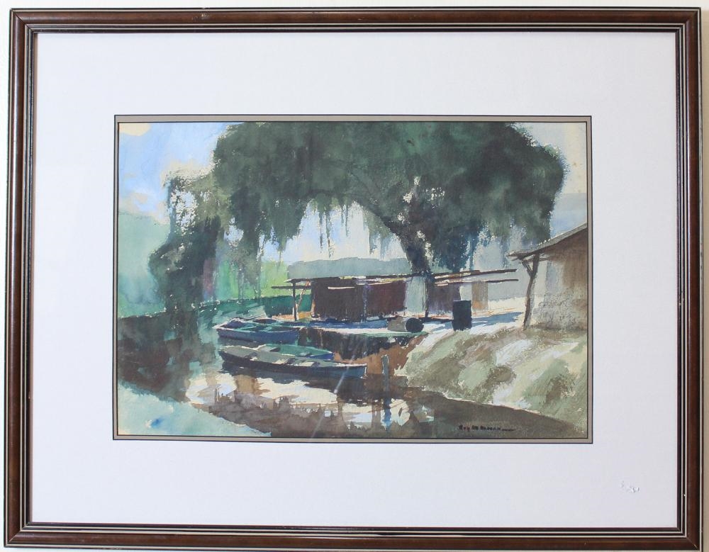 Roy M. Mason | river landscape with rowboats and shacks | MutualArt