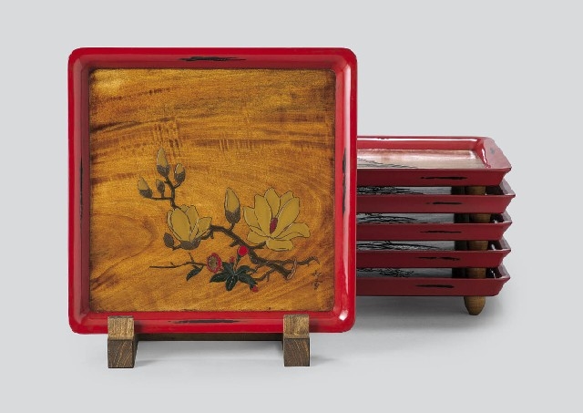 Josetsu Shinohara | Square tray with grass and flower design (a set of ...