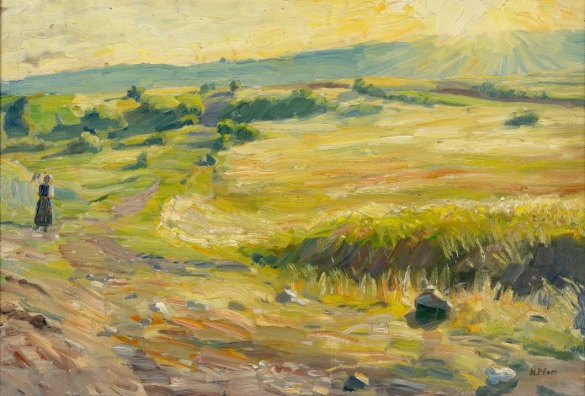 Heinrich Pforr | In der Morgensonne, junge Magd in weiter Feld- und ...