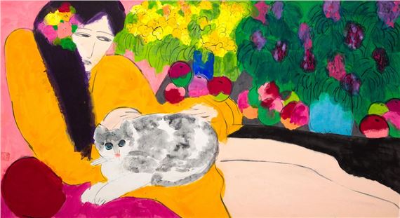 Walasse Ting | ODALISQUE AVEC CHAT (1984) | MutualArt