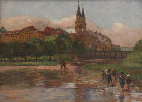 Lionel Percy Smythe | Figures paddling in a river with a cathedral beyond (1895) | MutualArt