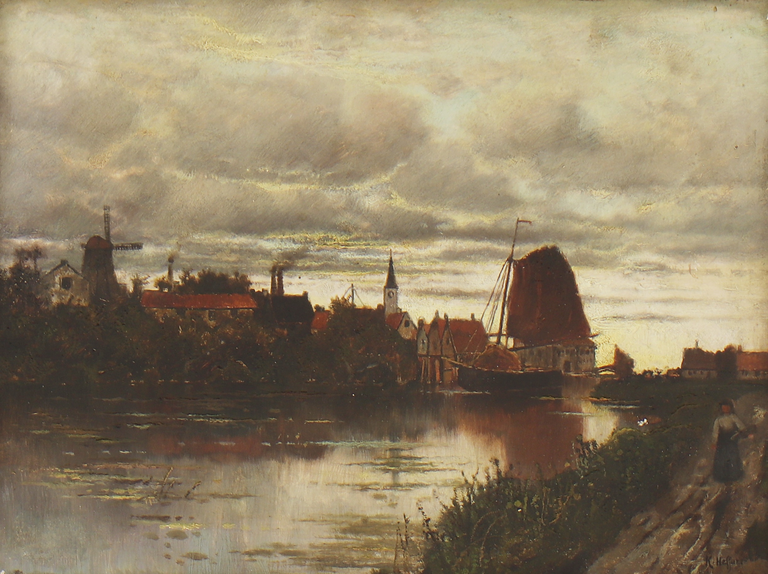 Karl Heffner | A river landscape with a sailing barge by a village at ...
