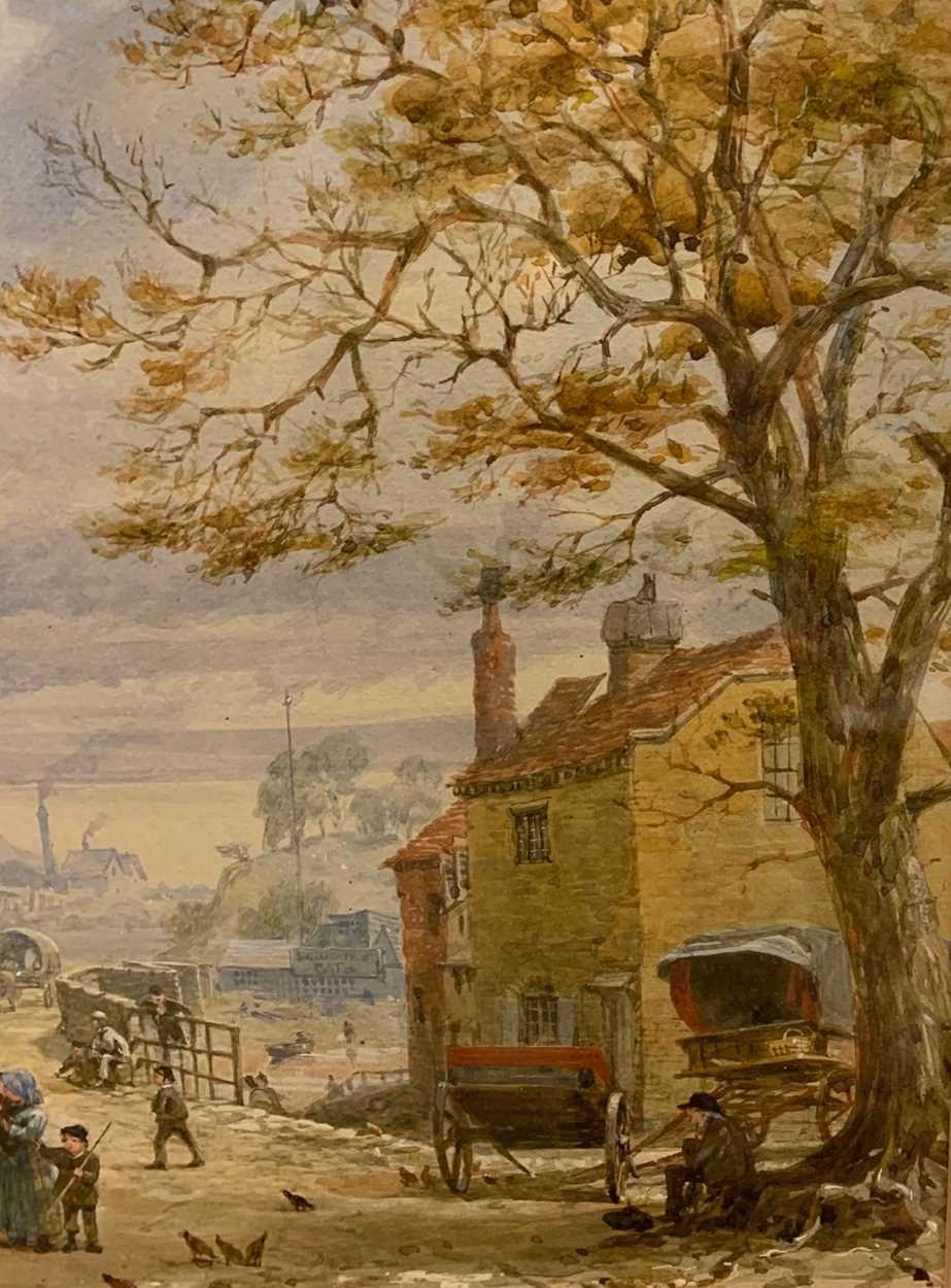 Louise Rayner | A village scene with horses and figures with a bridge ...