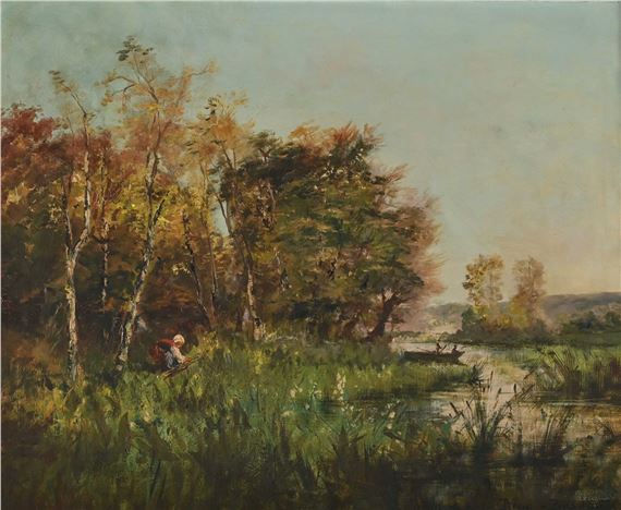 Francois Leon Prieur-Bardin | Bord de rivière animée (1901) | MutualArt