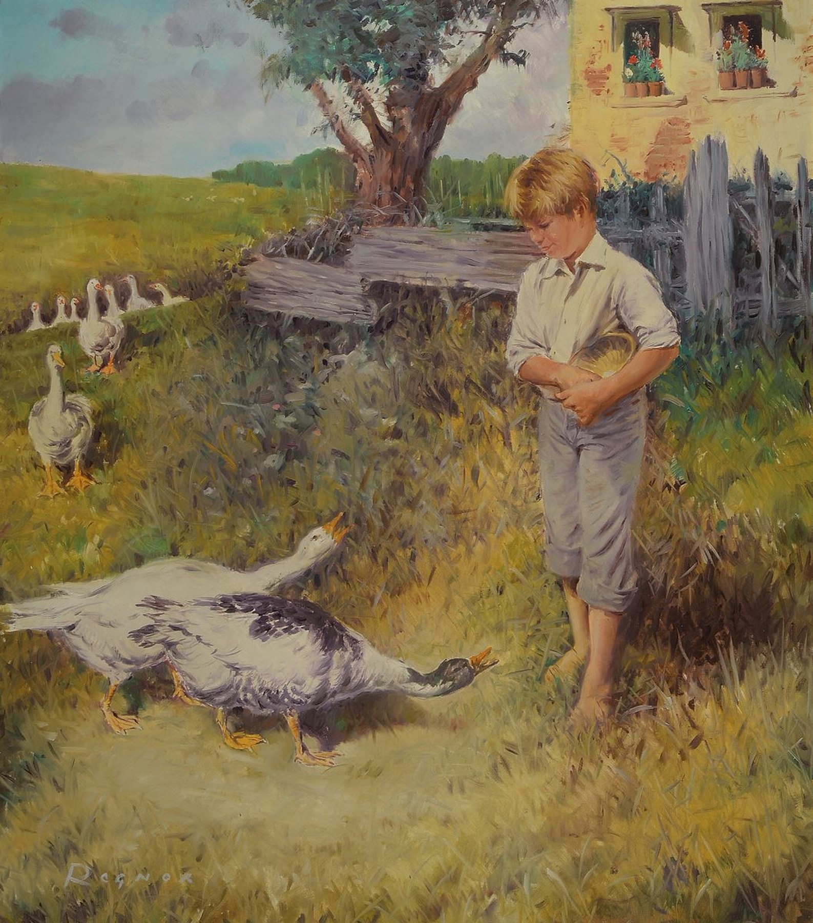 Paul Regner | Boy feeding geese | MutualArt