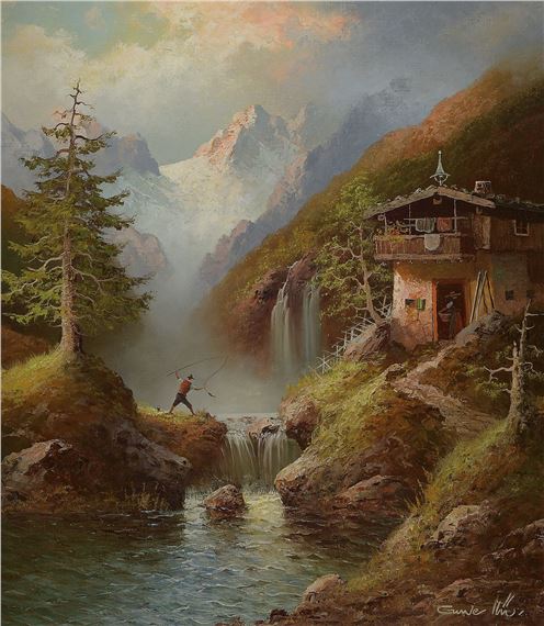 Gustav Weiss | waterfalls in Piztal with Angler | MutualArt
