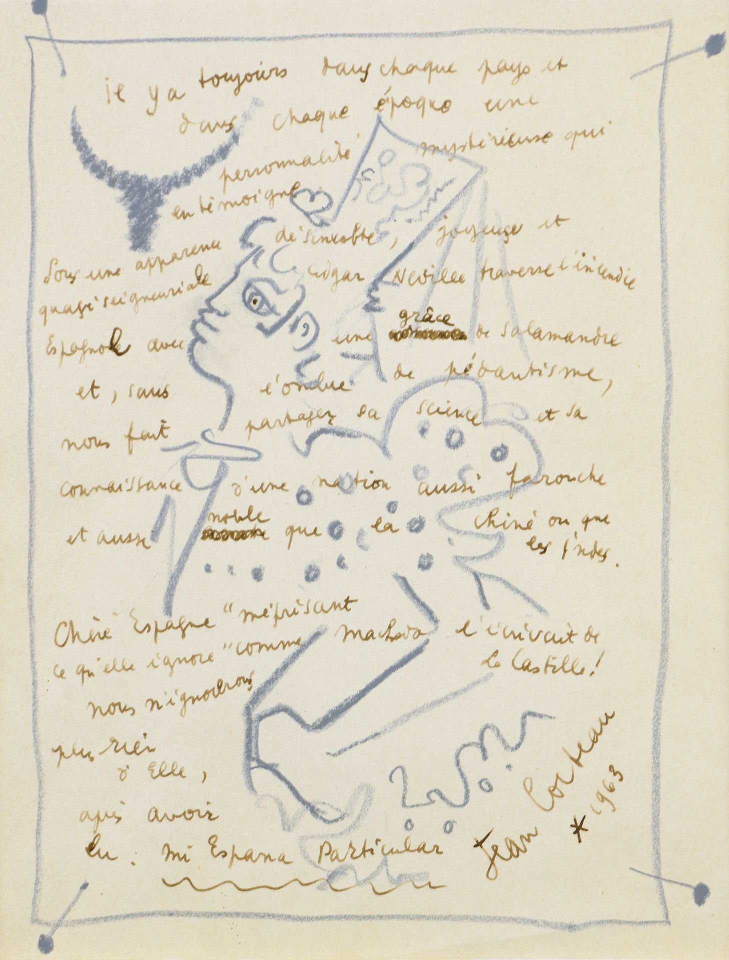 Jean Cocteau | Poem illustrated with a drawing of a spanish woman with ...