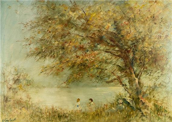 Elizabeth Court | Two young girls frolicking in a meadow beneath a tree ...