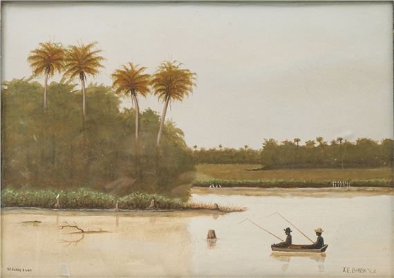 Julia Elder Baker | Folk Art Scene with Men Fishing in the Saint John's ...