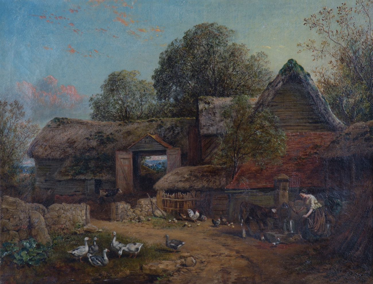 Claude Cardon | Farm Scene with Geese, Chickens and Cattle | MutualArt
