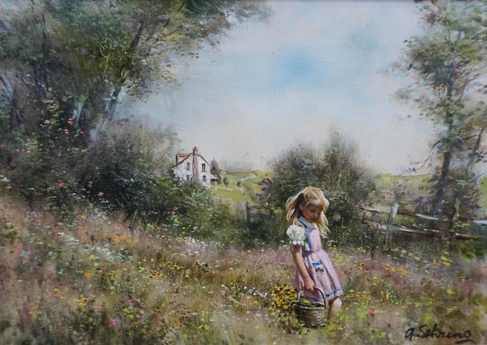 Adolf Sehring | Young Girl with Basket in Field of Flowers | MutualArt