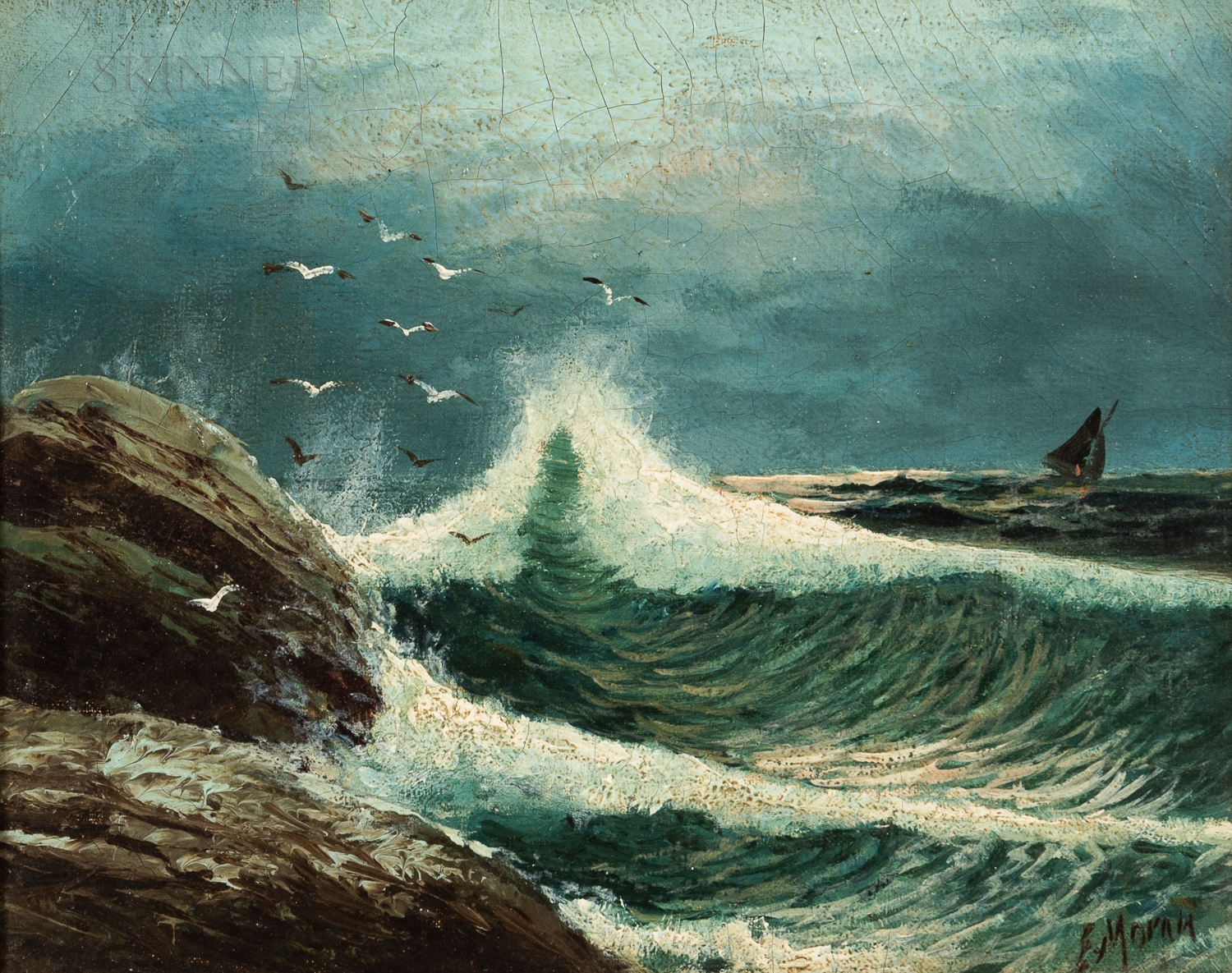 Edward Moran | Dusk seascape with tugboat and lighthouse | MutualArt