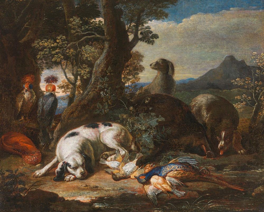 German School, 17th Century | Hunting scene with dogs and falcons ...