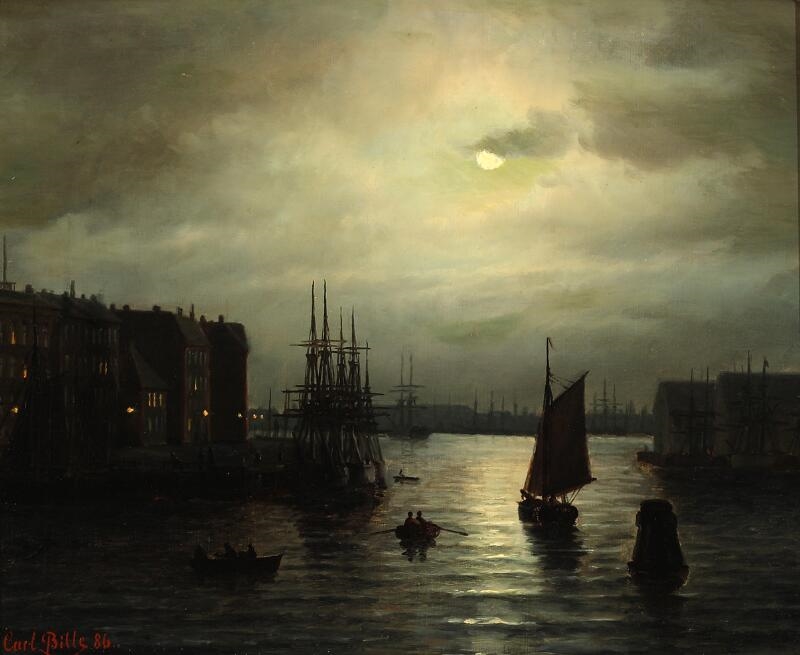 Carl Ludwig Bille | View from a harbour in moonlight (1886) | MutualArt