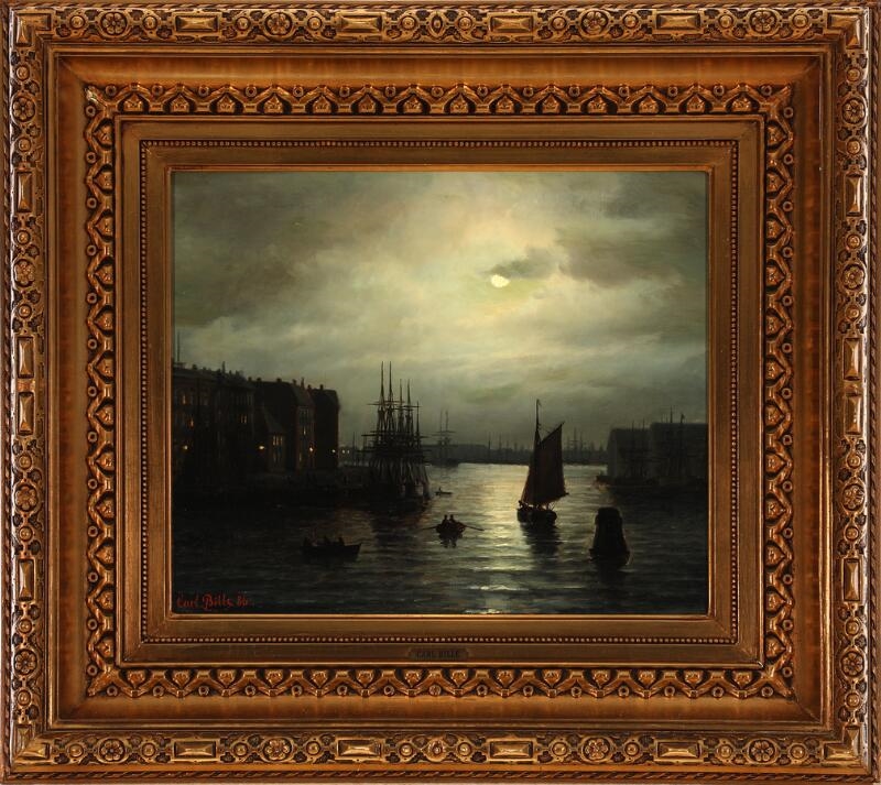 Carl Ludwig Bille | View from a harbour in moonlight (1886) | MutualArt