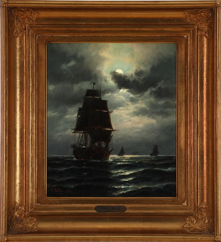 Carl Ludwig Bille | Sailing ships in moonlight (1890) | MutualArt