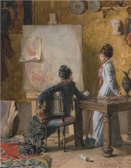 Edouard John Ravel | Zwei junge Damen im Künstleratelier (1877) | MutualArt