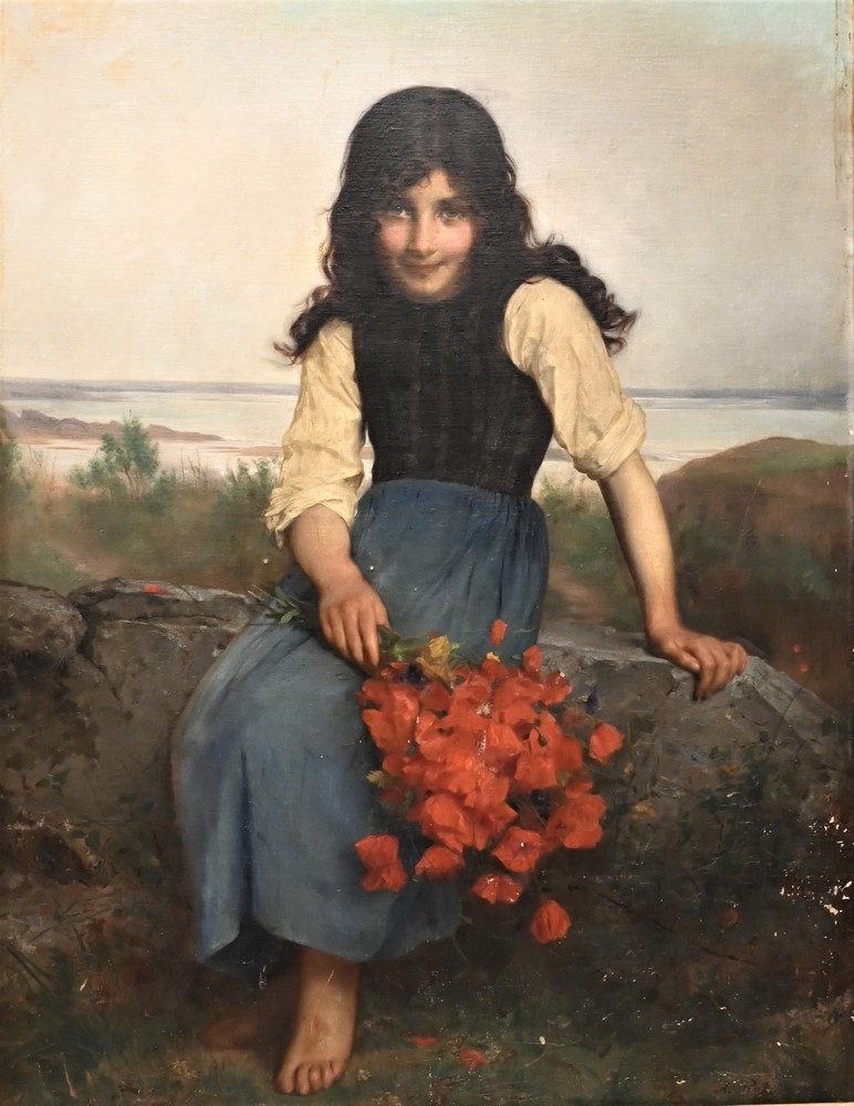 Étienne Adolphe Piot | Young girl holding poppies | MutualArt