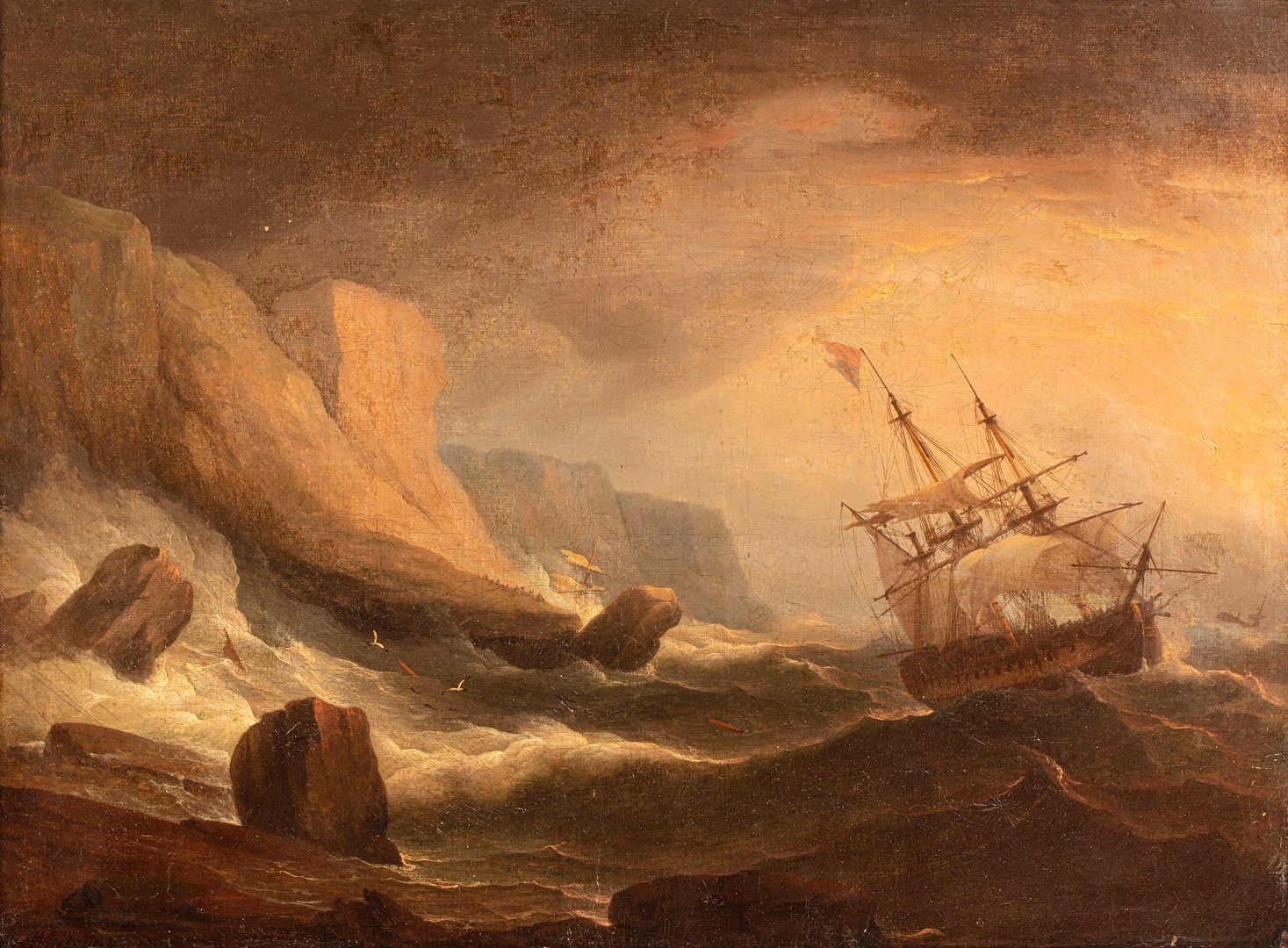 Thomas Whitcombe | Sailing ship along the rocky coast in a stormy sea ...