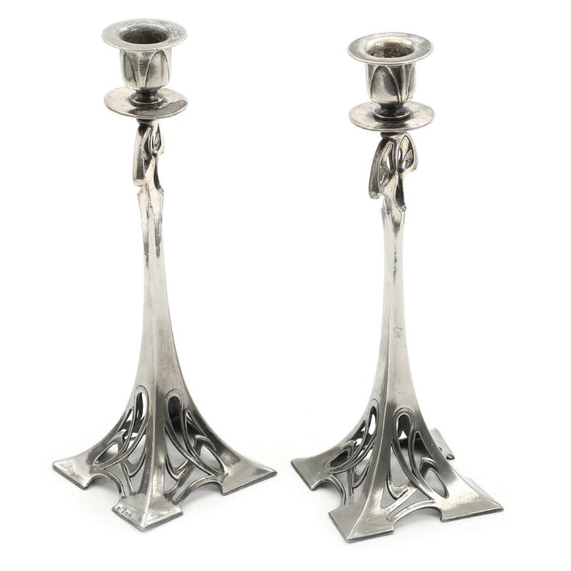Albert Mayer | A pair of pewter Jugend candlestick (1883) | MutualArt