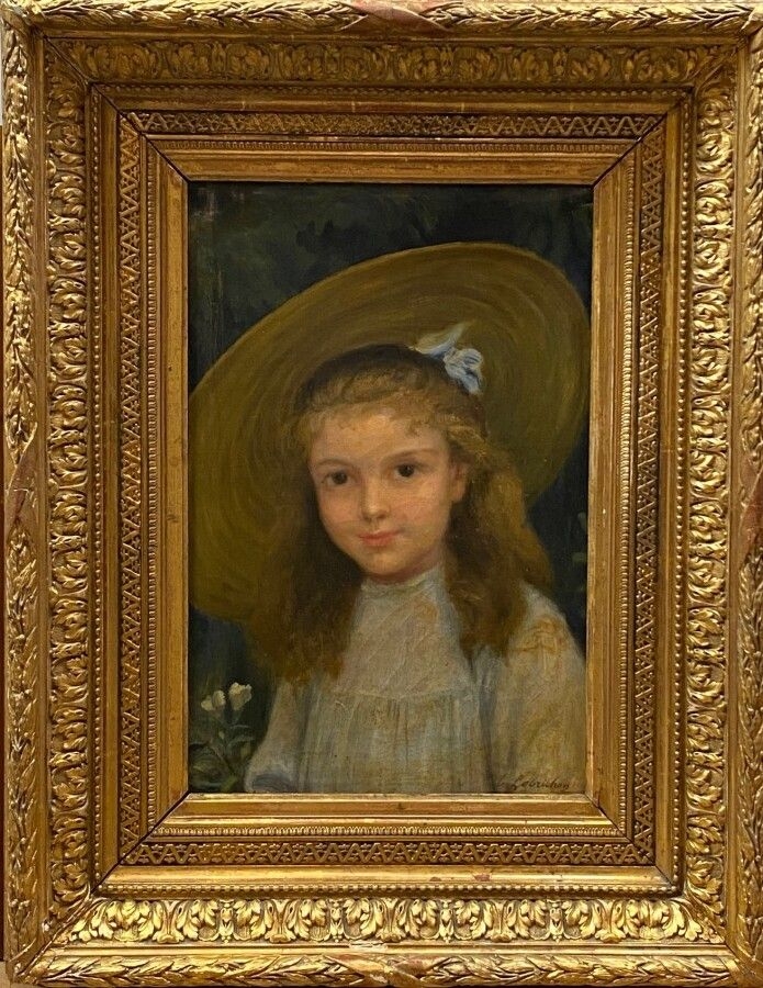 Timoléon Marie Lobrichon | Portrait of a girl with a hat | MutualArt