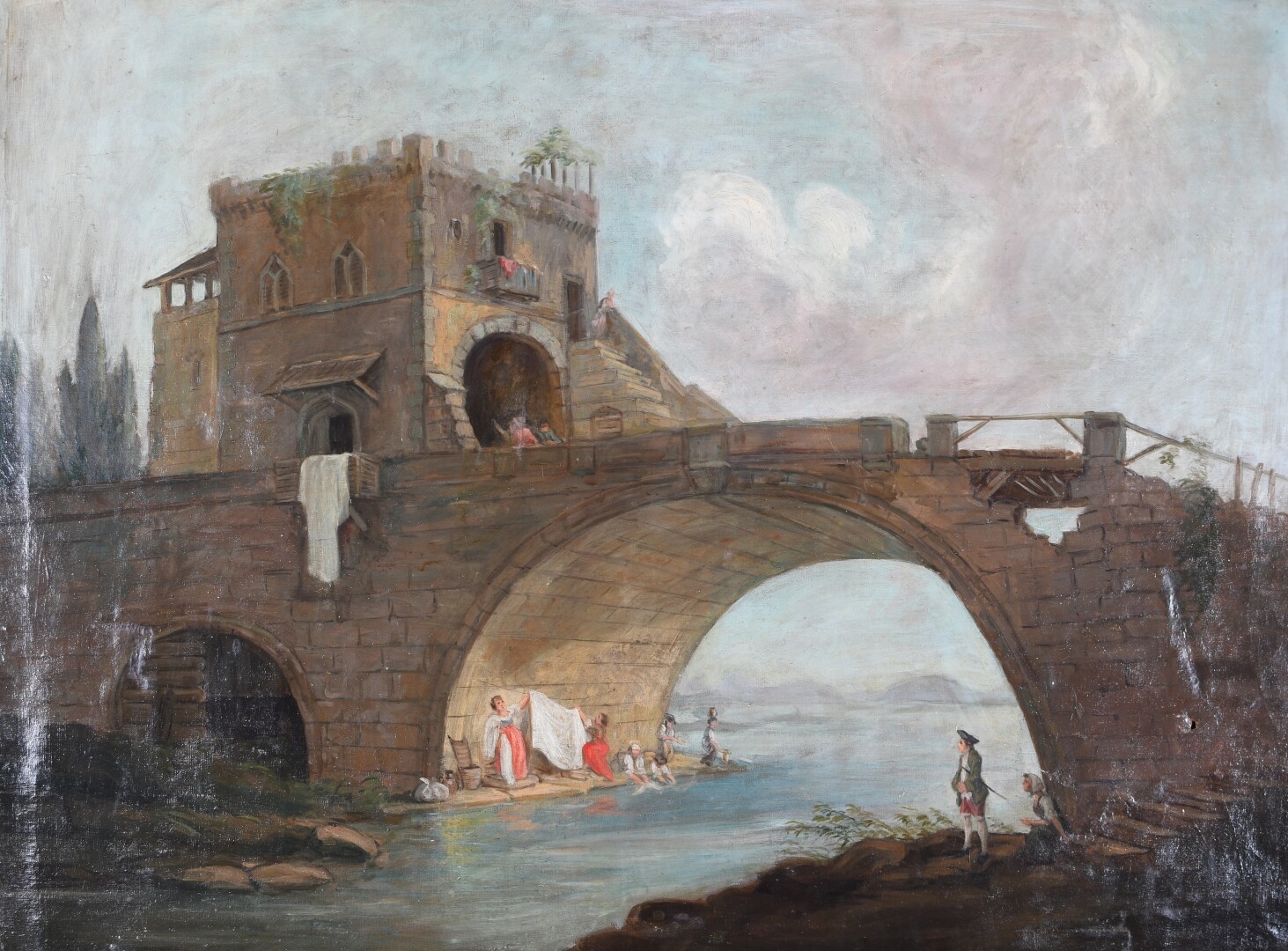 Hubert Robert | Pont Salario à Rome animé de lavandières | MutualArt