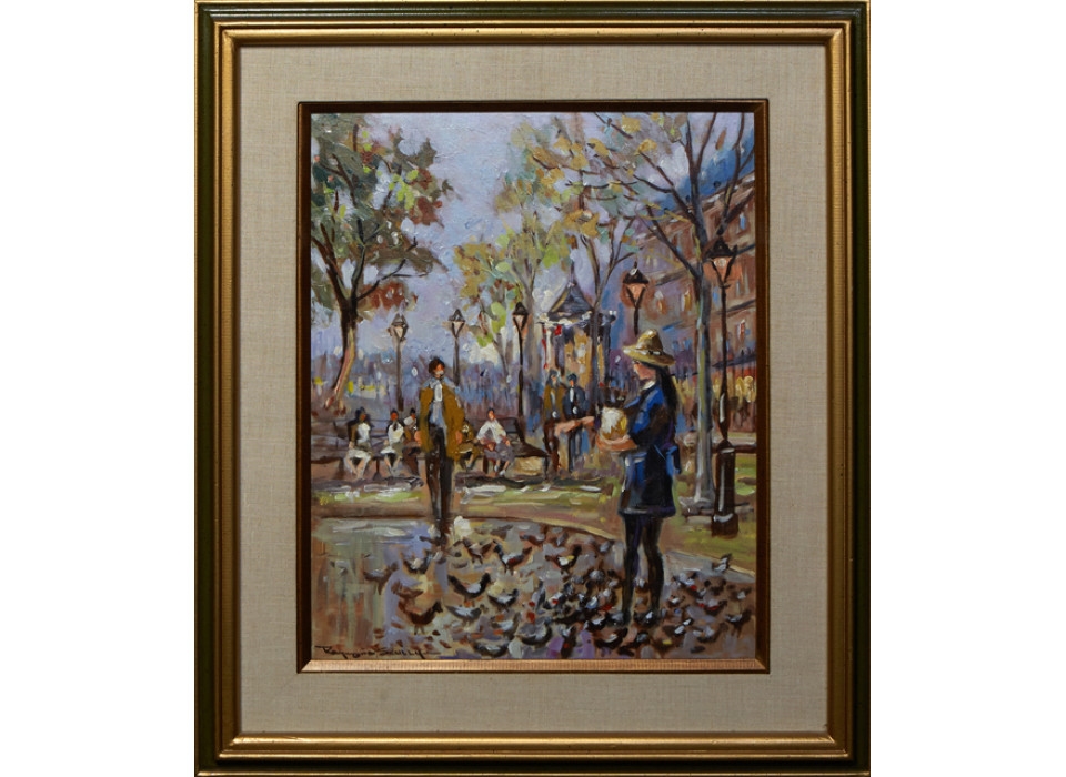 Raymond Scully | Girl Feeding the Pigeons in the Square (20) | MutualArt