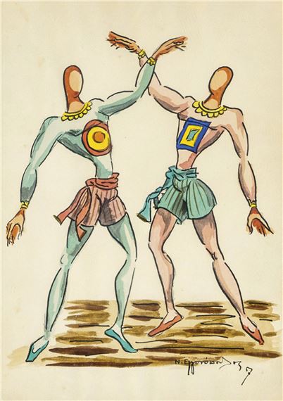 Nikos Engonopoulos | Maquette drawing for two male costumes for the ...