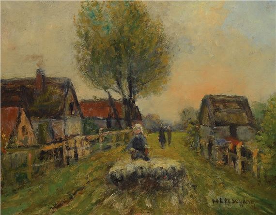 Helmuth Liesegang | village street with shepherdess, perspective ...