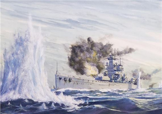 Al Helner | THE GRAF SPEE DIVIDES HER FIRE; DECEMBER 13, 1939 | MutualArt