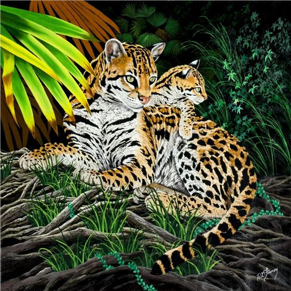 R. G. Finney | Ocelot Mother with Cub Sitting in Grass (1994) | MutualArt