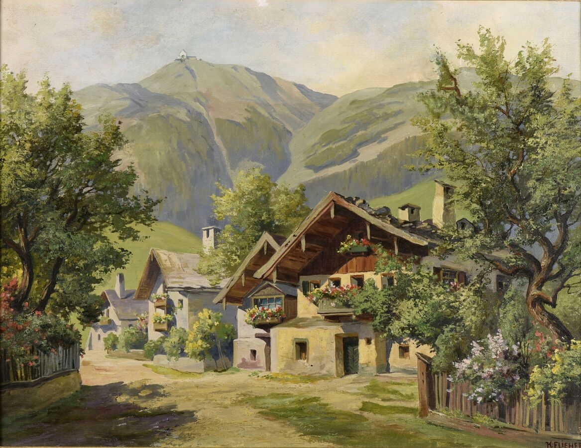 Karl Flieher Petit Village Fleuri Dans La Montagne Autrichienne