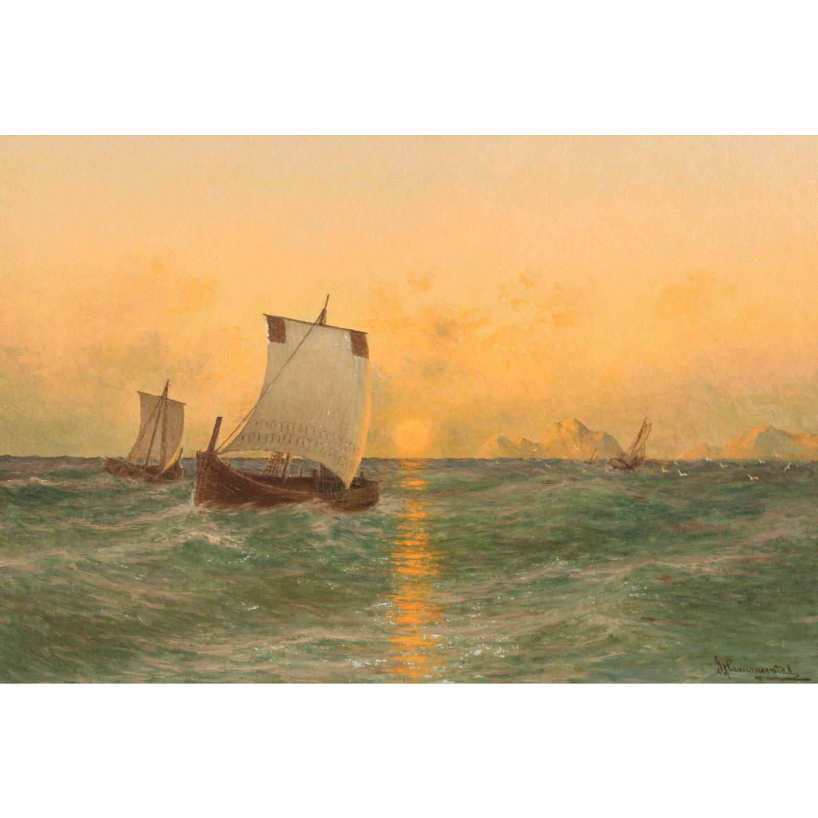John Olson Hammerstad | SHIPS AT FULL SAIL ON THE WAVES AT SUNSET ...