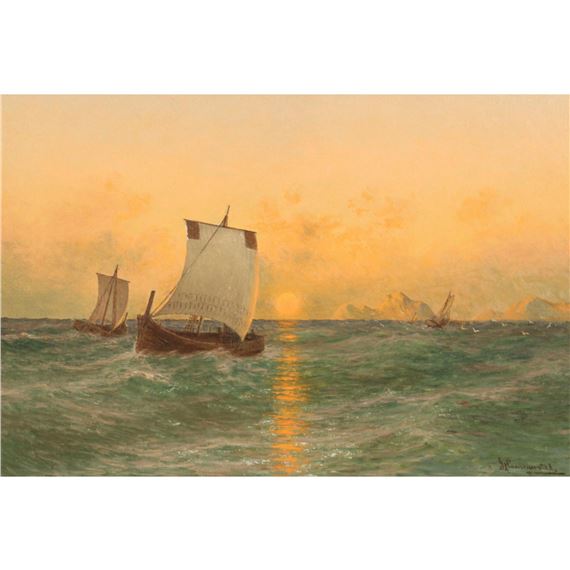 John Olson Hammerstad | SHIPS AT FULL SAIL ON THE WAVES AT SUNSET ...