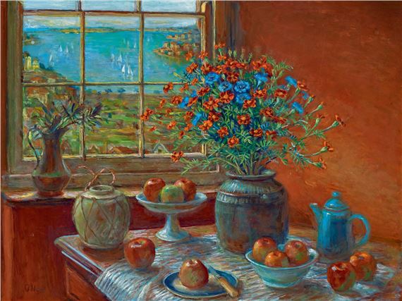 Margaret Olley | STILL LIFE WITH HARBOUR VIEW (Circa 1995) | MutualArt