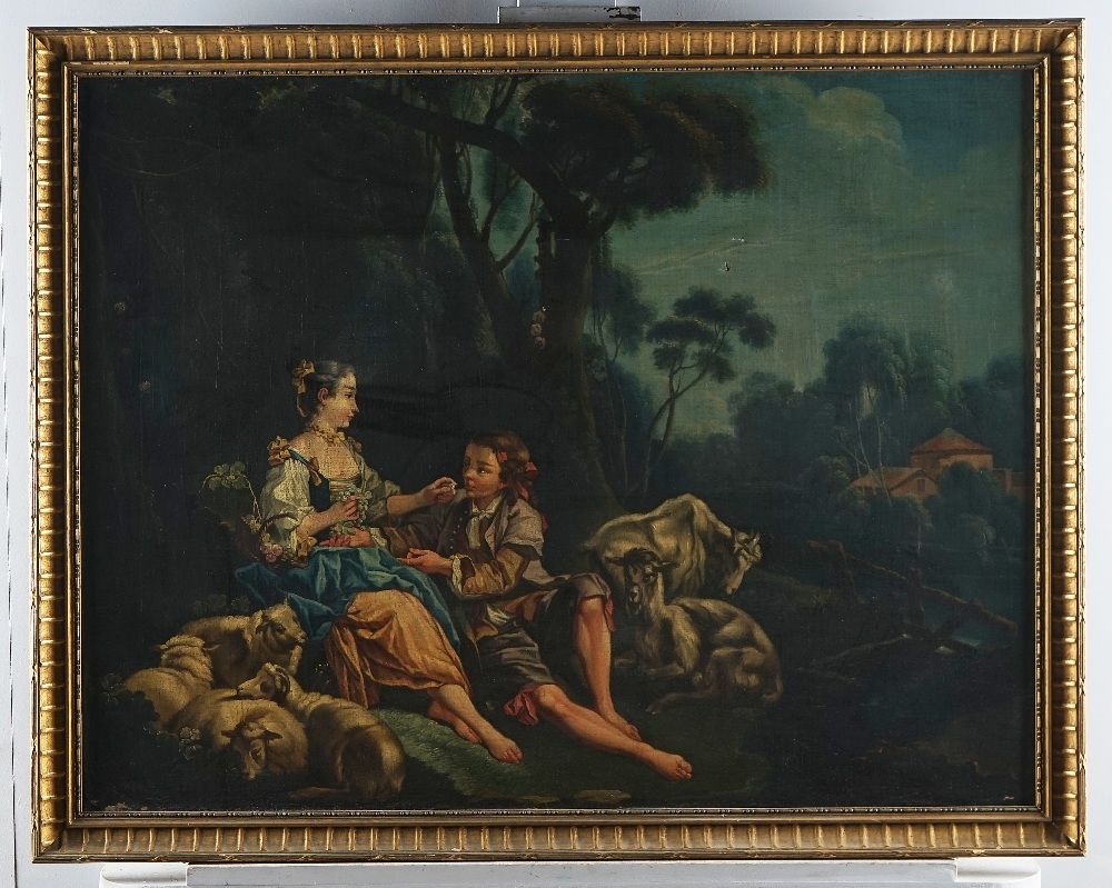 François Boucher | Shepherd and shepherdess in a capriccio landscape ...