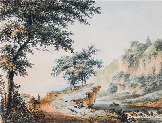 Joseph Barber | A figure on a path in a rocky landscape | MutualArt