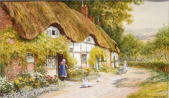 Arthur Claude Strachan | Country girl at the door of a thatched cottage ...