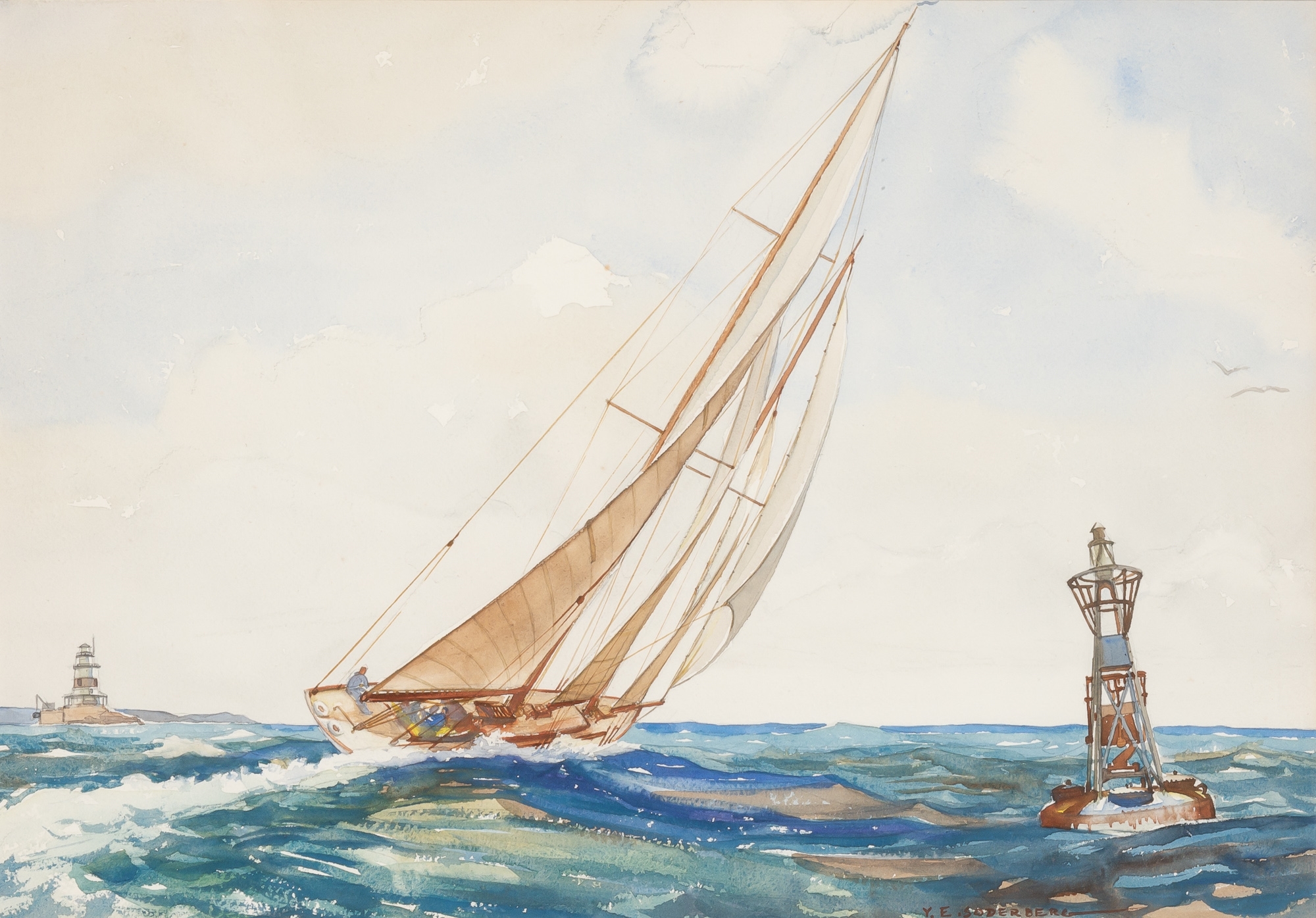 Yngve Edward Soderberg | Sailboat with a Lighthouse in the Distance ...