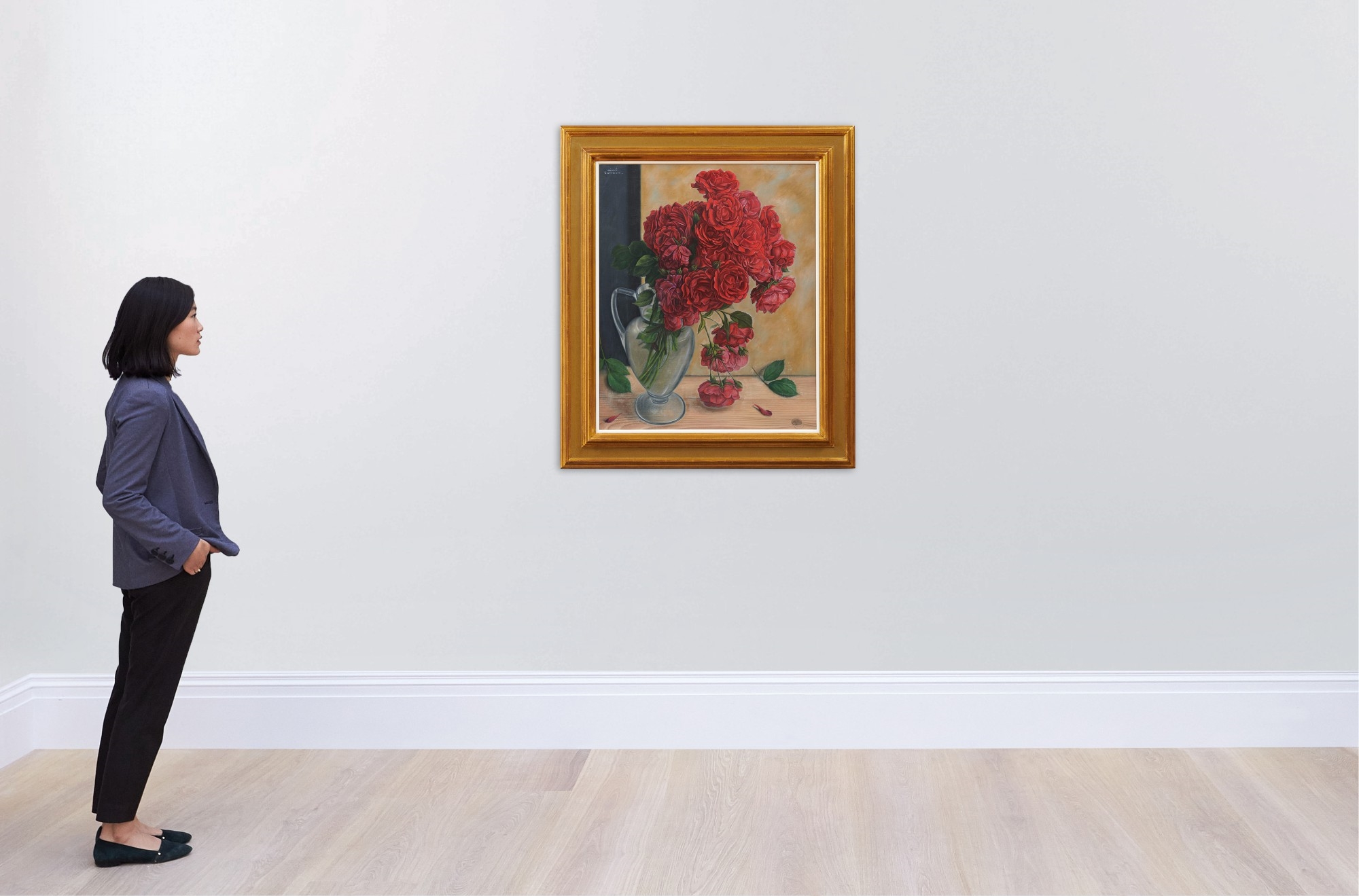 Aime Barraud | Blumenstillleben mit roten Rosen und Glasvase | MutualArt