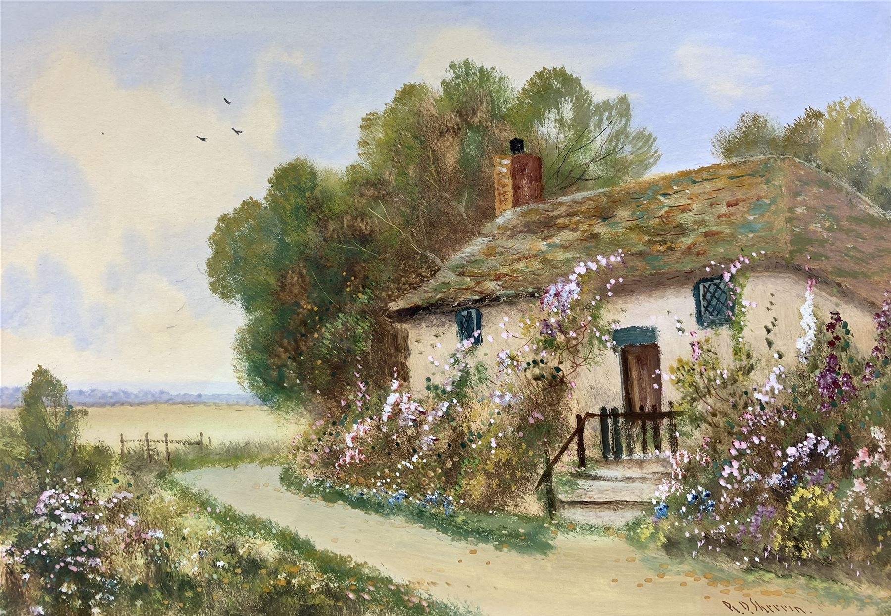 Reginald Daniel Sherrin | Thatched Roof Cottages with Spring Flowers ...