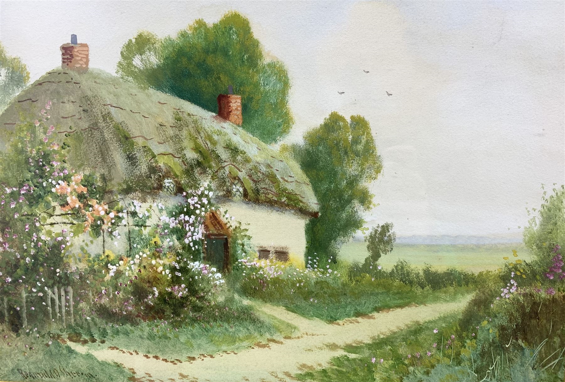 Reginald Daniel Sherrin | Thatched Roof Cottages with Spring Flowers ...